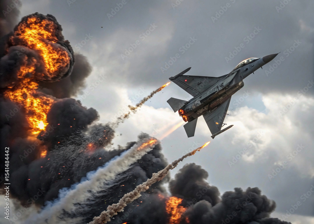 Foto de Stock fire burning in the air, Fighter Jet Launches Amid ...