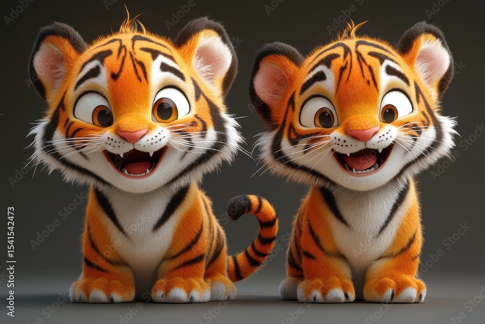 Playful cartoon tigers sitting together in a joyful pose Stock ...