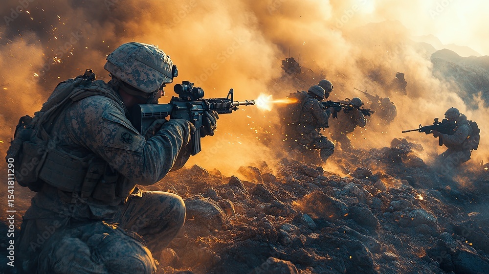 Army unit exchanging fire while defending hilltop base from heavily ...