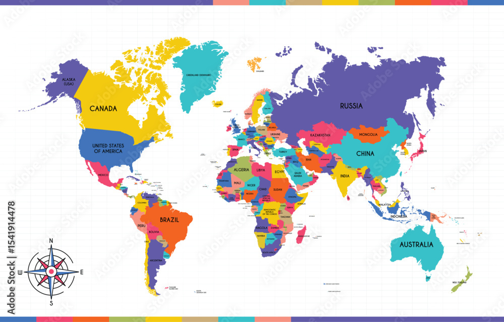 Colorful Political World Map Vector with Country Labels for ...