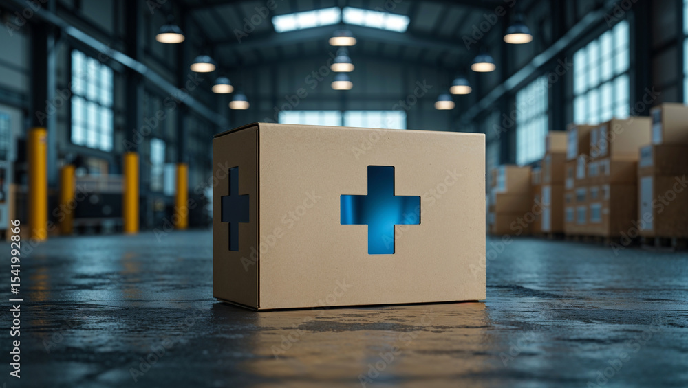 Cardboard box with blue plus sign in warehouse setting on a shiny ...