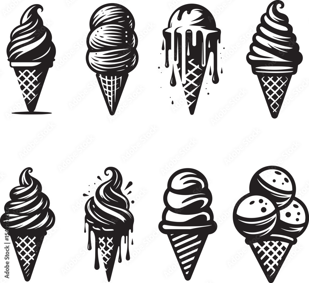 Black and white vector template of an ice cream cone designed in a ...