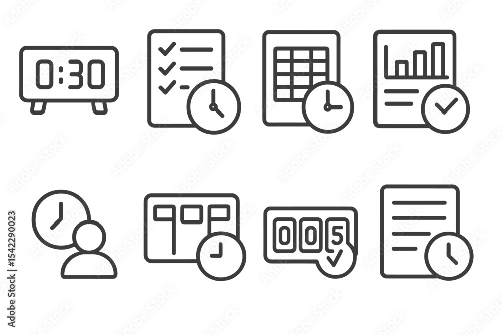 Time Tracking Icons. Line style icons of time tracking: digital clock ...