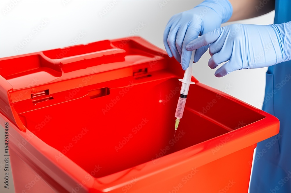 Healthcare professional disposing of used syringe safely in sharps ...