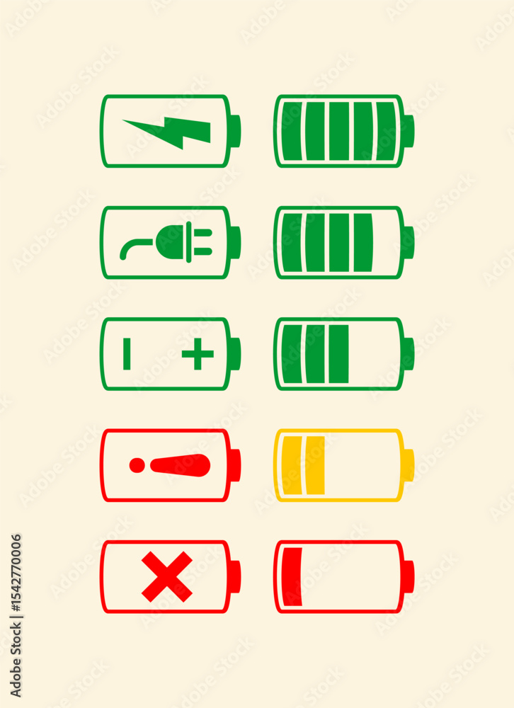 Vetor Battery symbols with fast charging, exclamation, low, plus, minus ...