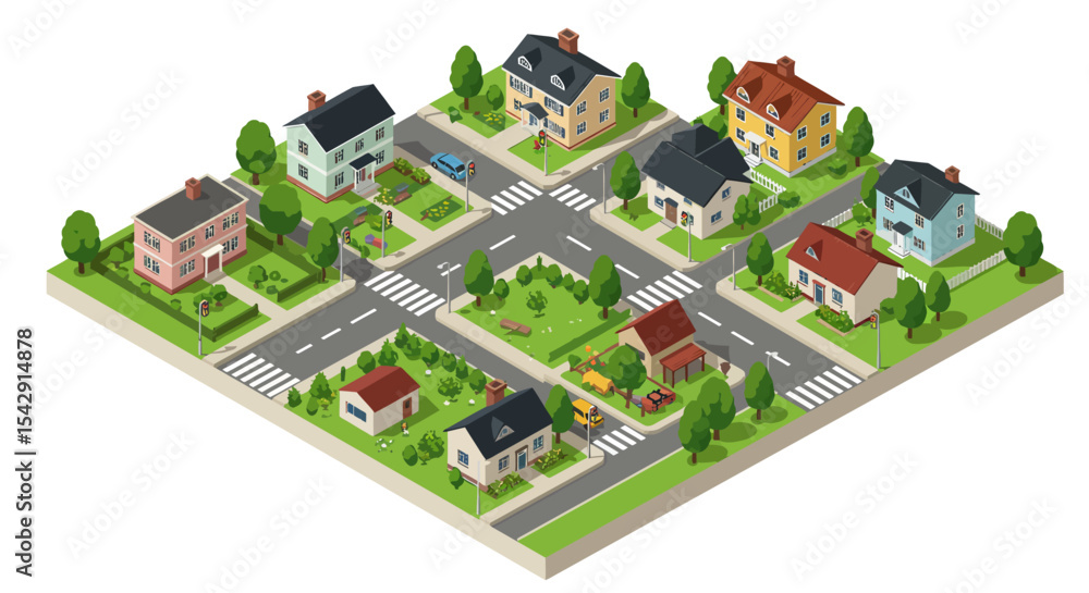 Isometric urban neighborhood with houses and streets for city planning ...