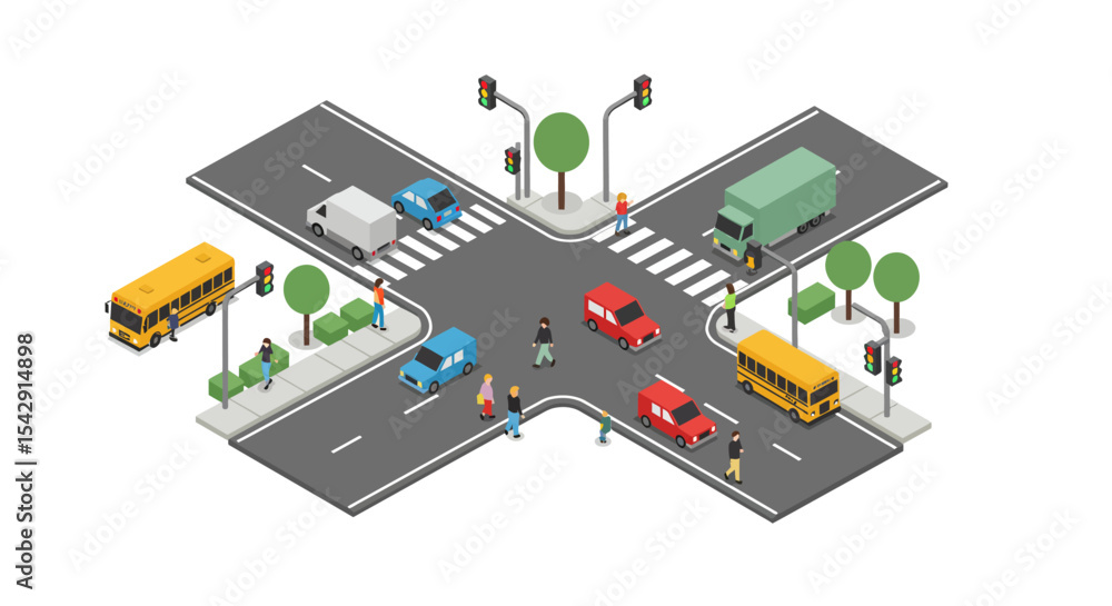 Busy urban intersection with vehicles and pedestrians in isometric view ...