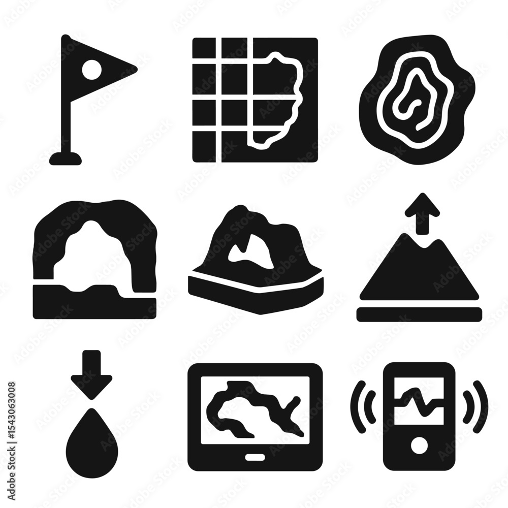 Deep Cave Icon Set. Solid style icons of deep cave mapping: survey ...