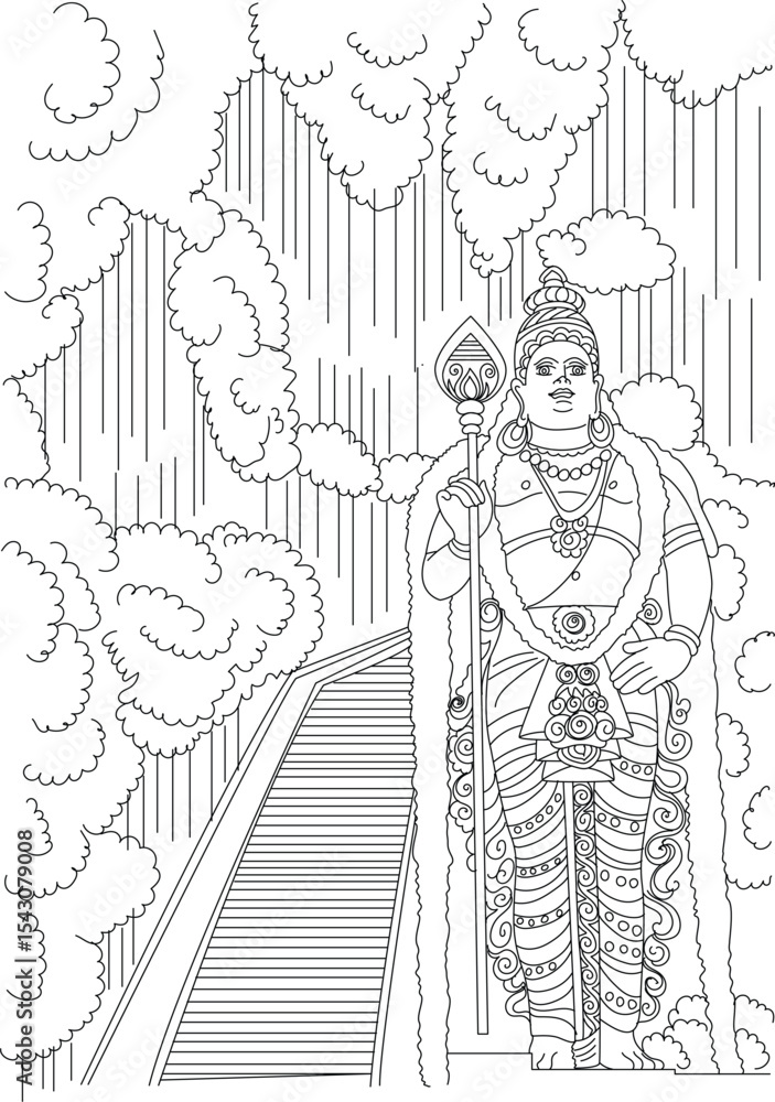 Batu Caves Steps and Lord Murugan Statue Line Art, Black and white ...