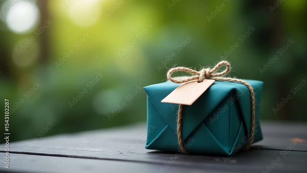 A small teal gift box with a kraft tag sits on a wooden table outdoors ...