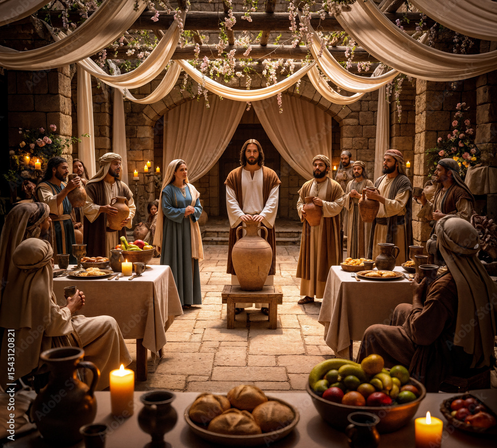 Wedding at Cana: Jesus Turns Water into Wine Miracle Stock Photo ...