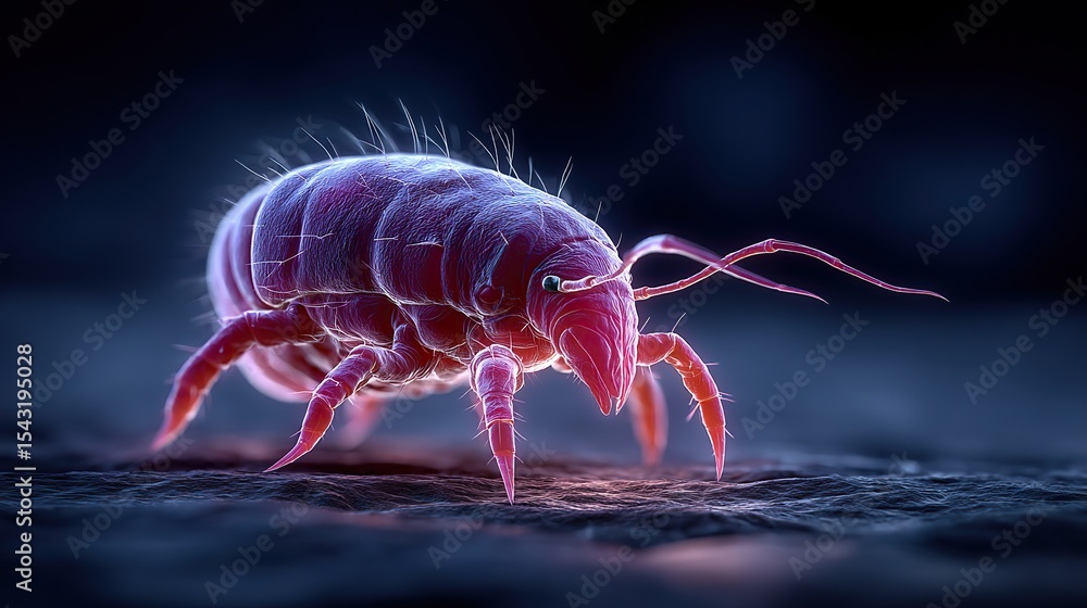 Ilustração Ultra-realistic 3D render of a dust mite under microscope ...