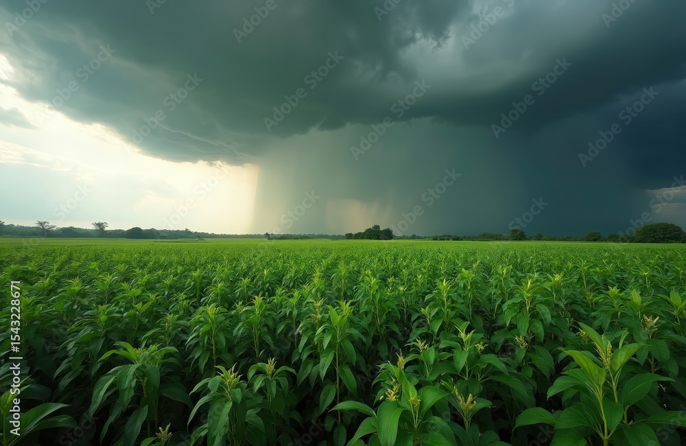 Soybean crop in Brazil under rain. Storm clouds hang over green fields ...