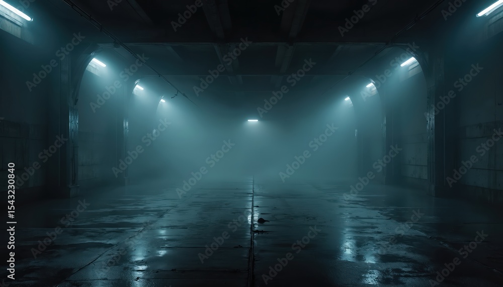 Empty dark garage with smoke fog. Blue neon lights illuminate wet floor ...