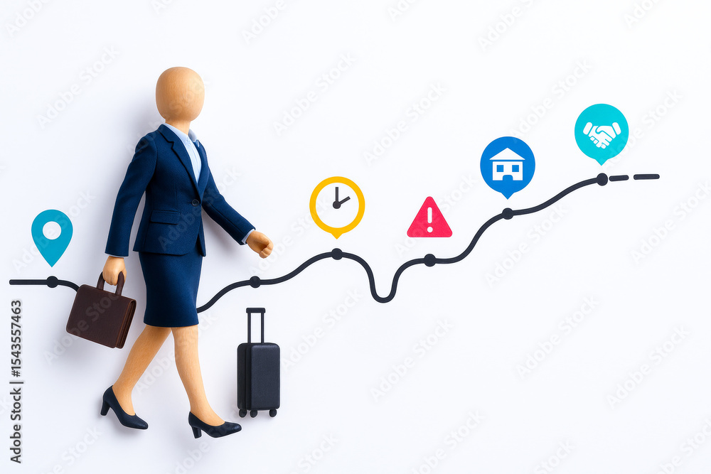 Businesswoman doll walking along timeline with icons representing ...