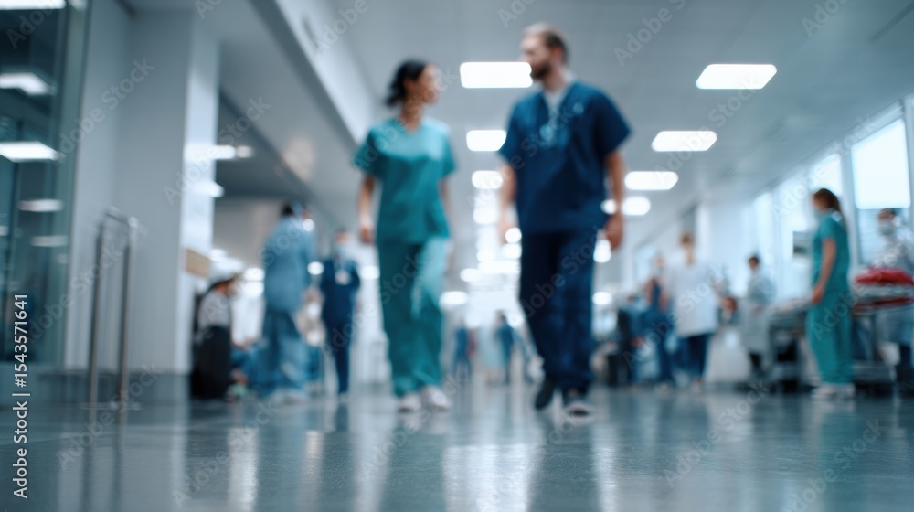 Busy hospital interior with healthcare professionals walking through ...
