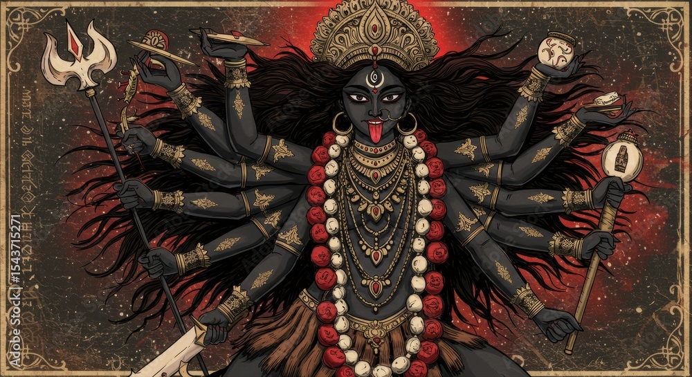 Digital illustration of Hindu goddess Kali with multiple arms and ...