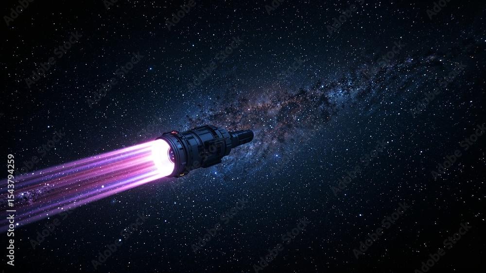 Modern futuristic spaceship flying at hyper speed in the deep space ...