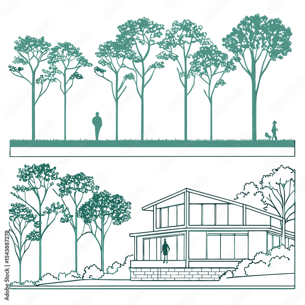 Minimal style cad tree line drawing, Side view, set of section garden ...