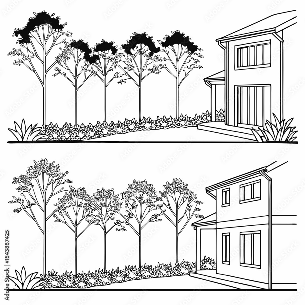 Vector de Stock Minimal style cad tree line drawing, Side view, set of ...