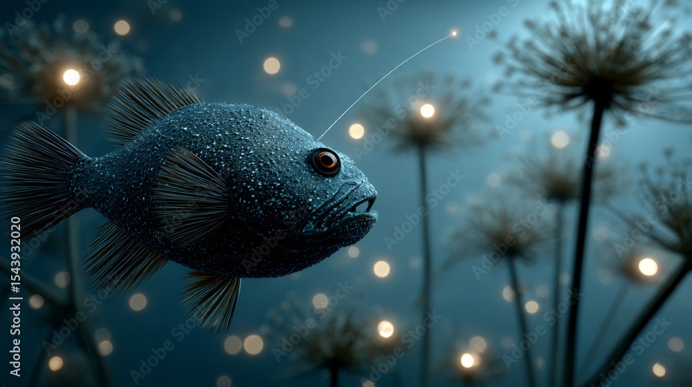 Realistic deep sea environment featuring glowing anglerfish faint ...