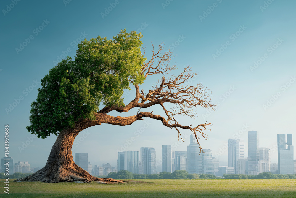 Half-dead tree merging into a green healthy one, with the skyline of ...