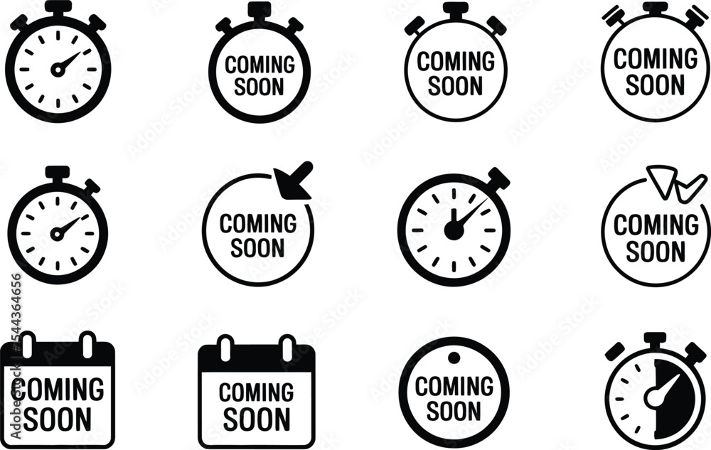 Collection of coming soon typography designs displaying stopwatches and ...