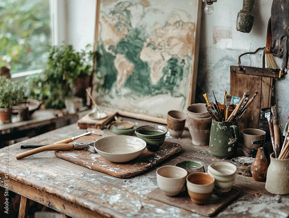 high-quality photograph, modern ceramic artist's workspace with clay ...