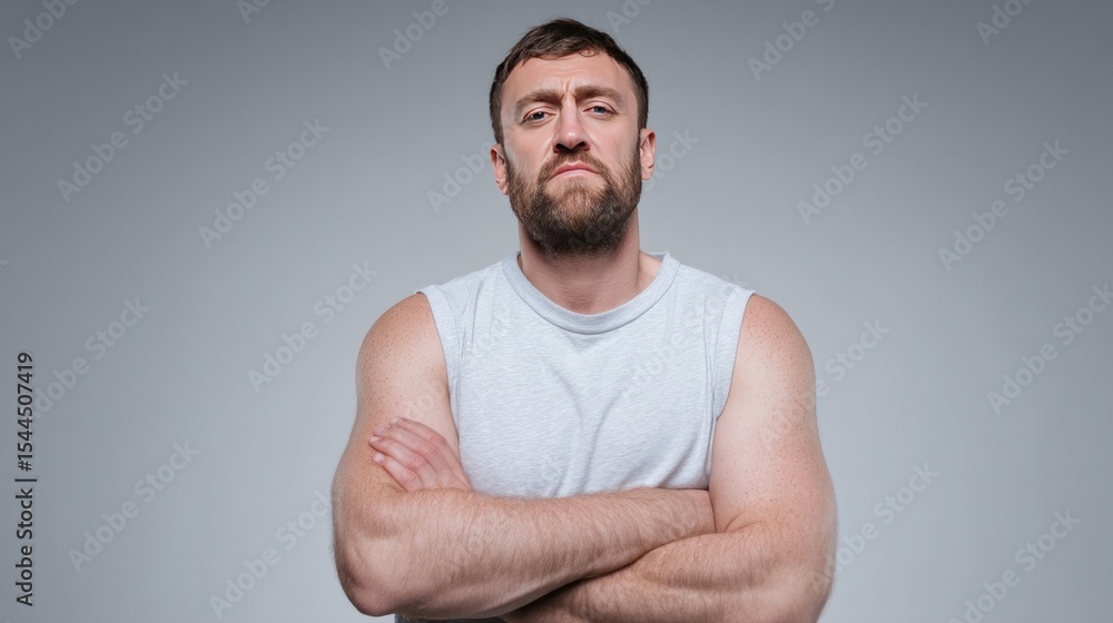 Stoic, muscular Caucasian man in a sleeveless shirt symbolizes resolve ...