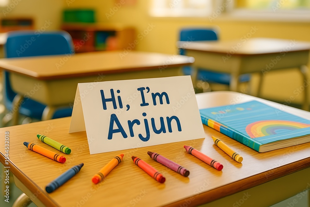 First Day of School Desk With Name Tag ‘Hi, I’m Arjun’. Crayons ...