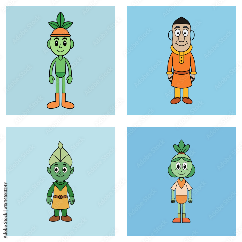 Four cartoon characters with different designs standing against a light ...