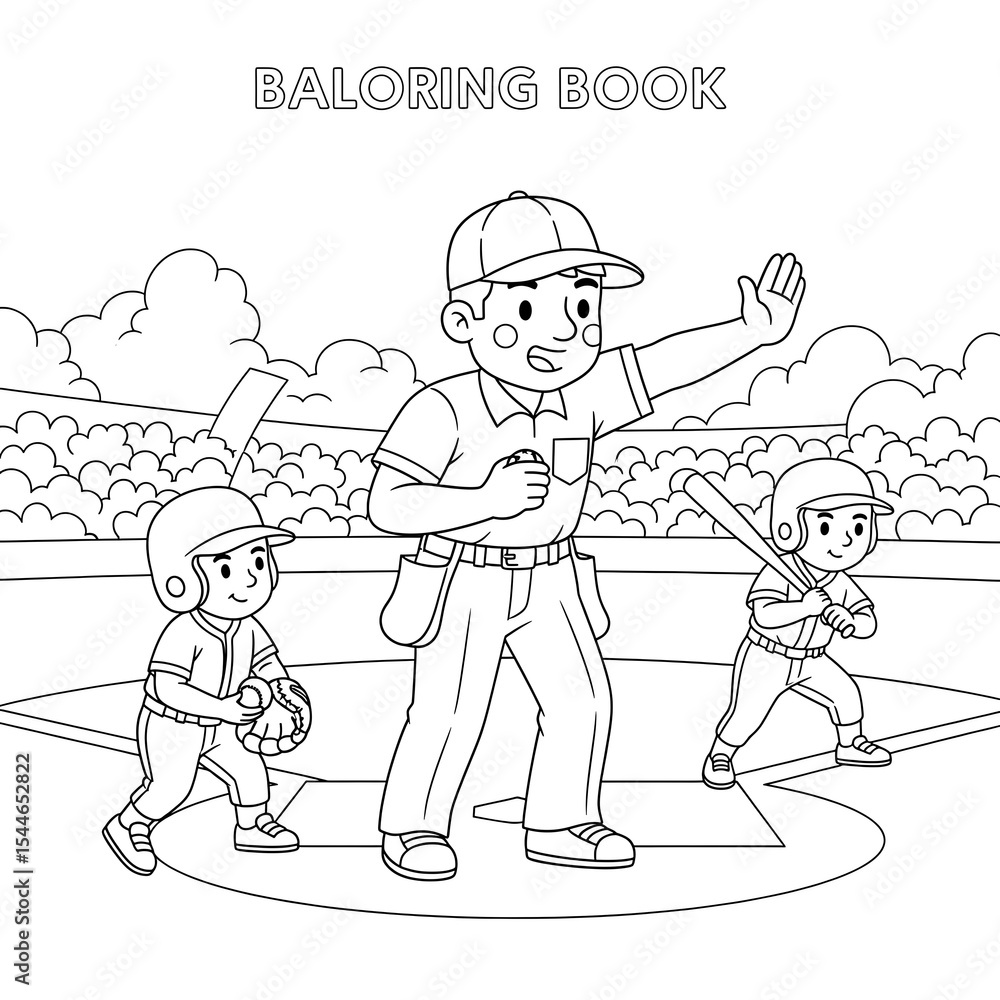 Baseball coloring page for kids with umpire player and stadium ...
