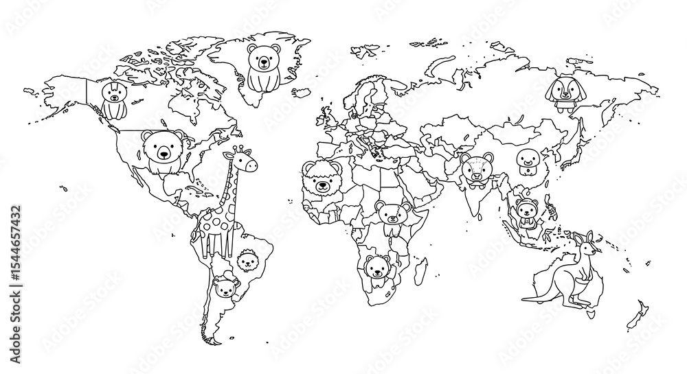 World map coloring page with animals for kids educational activity ...