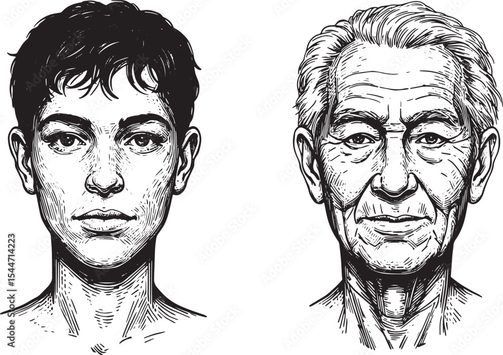 Illustration of Aging Process: Young and Old Portraits in Detail Stock ...