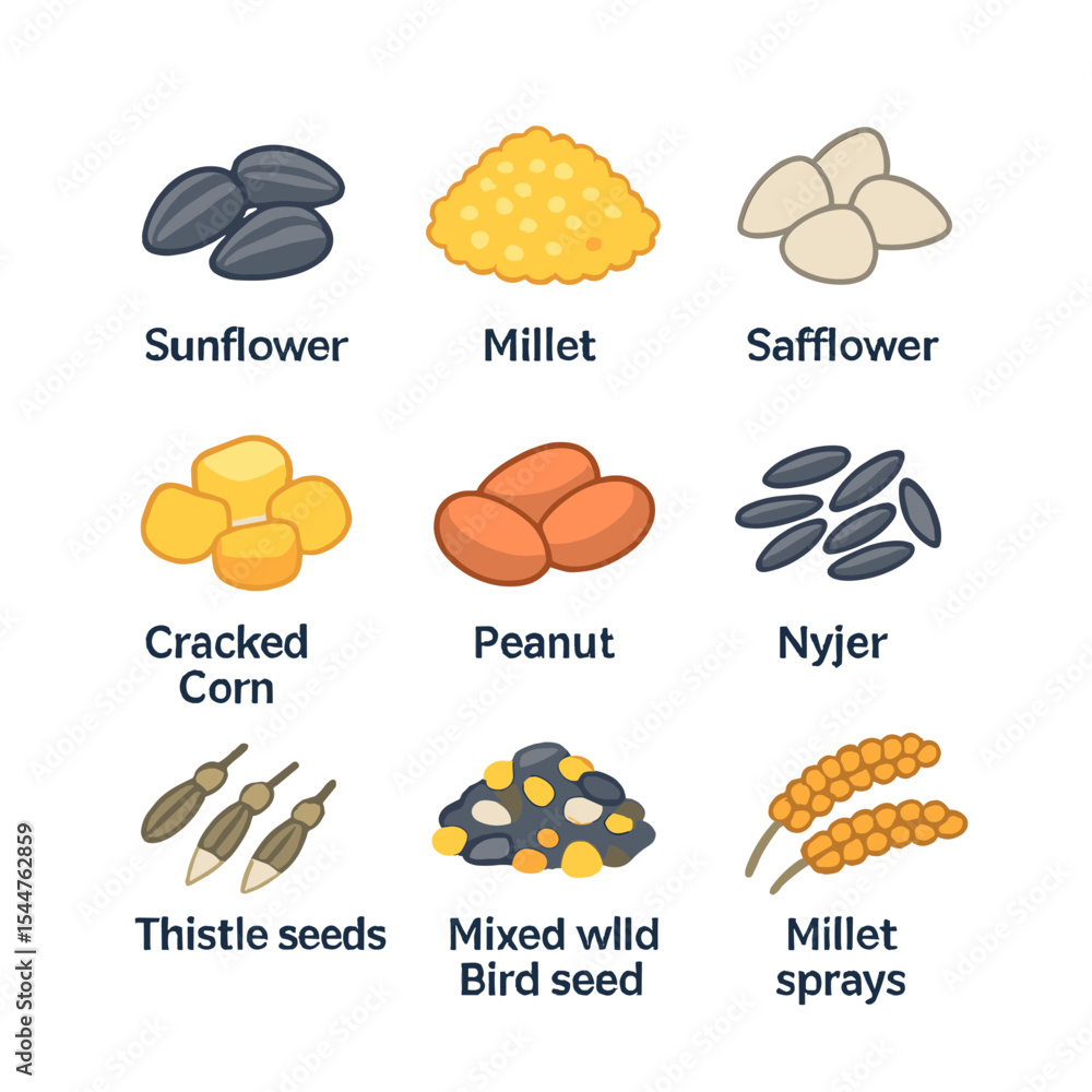 Bird Seed Icons. Isometric Flat icon set of seed types for birds ...