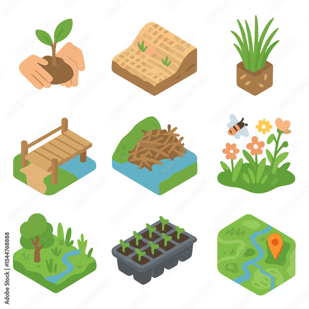 Habitat Restoration Icons. Isometric Flat icon set of habitat ...