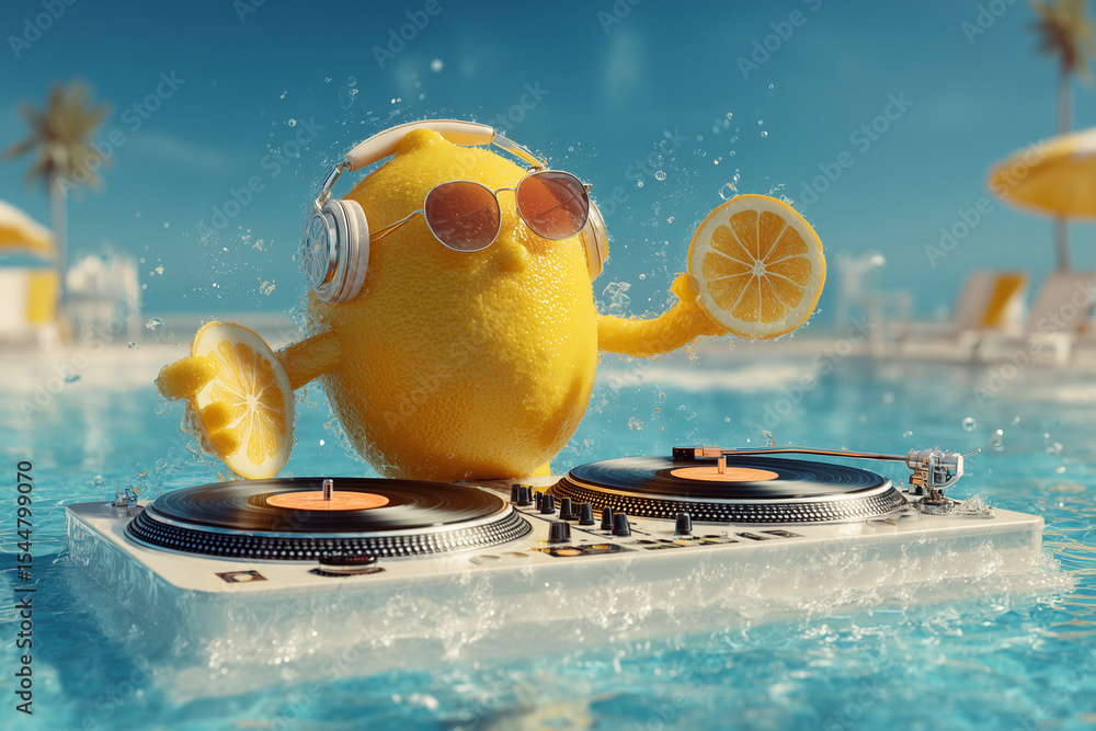 Anthropomorphic Lemon DJ at Sun, Lit Pool Party with Citrus Turntables ...