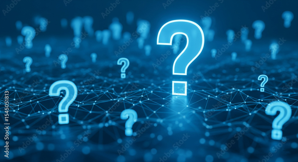 Glowing blue question marks on a dark blue network background ...
