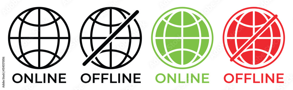 Online and Offline Internet Connection Icons – Flat Vector Set of Globe ...