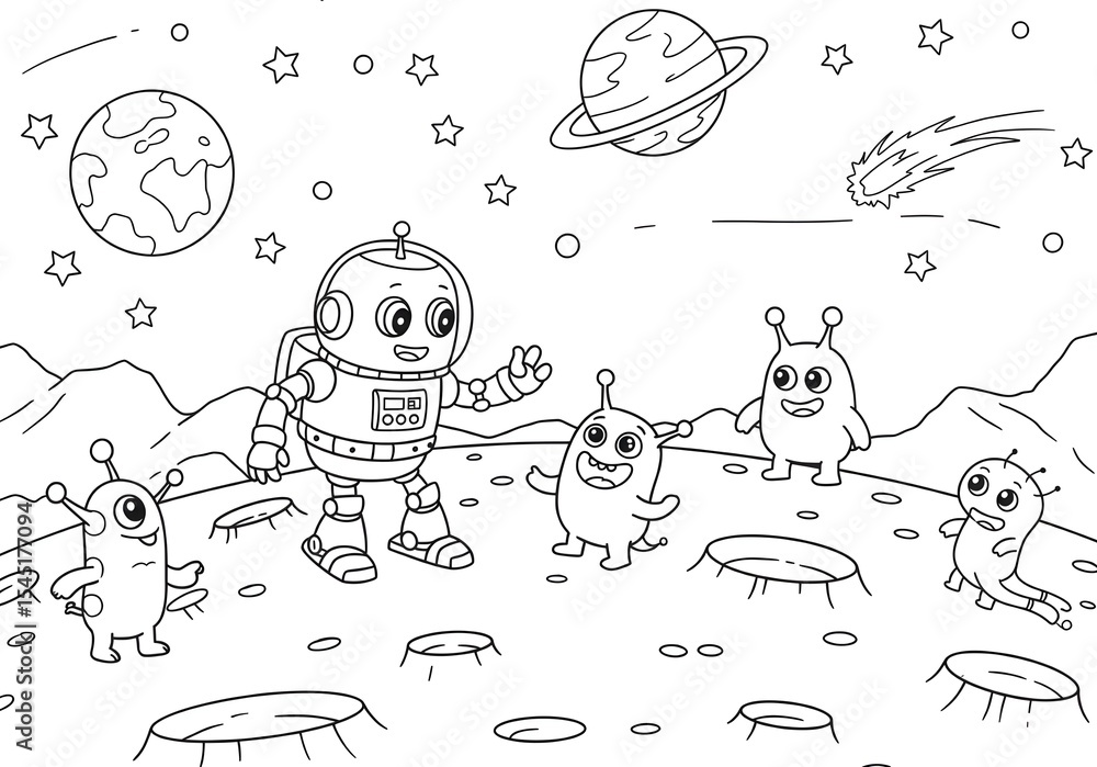 Ilustrace Coloring pages. cartoon space robot with moon and alien theme ...