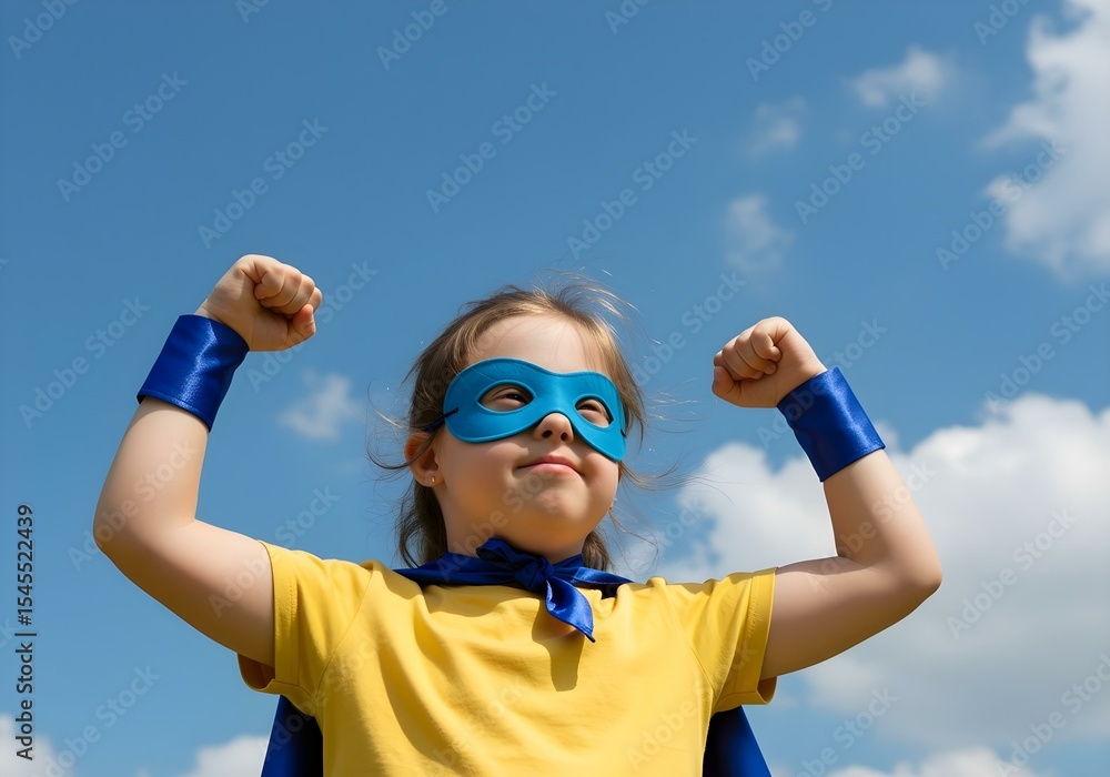 Girl with Down syndrome dressed as superhero flexing arms showing ...