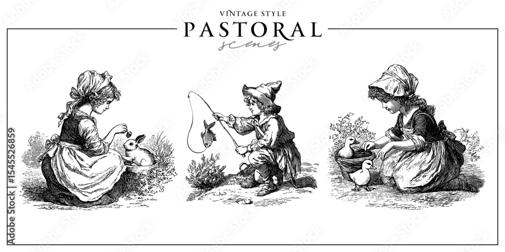 Set of old European romantic pastoral scenes. Vintage engraving or ink ...