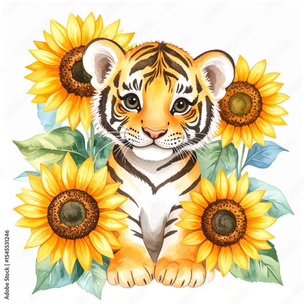 Cute animal and sunflower watercolor illustration_tiger Stock Vector ...