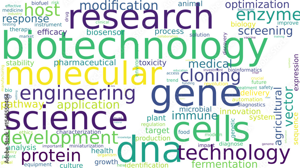 Word cloud design with science and biotech-related terms like gene, dna ...