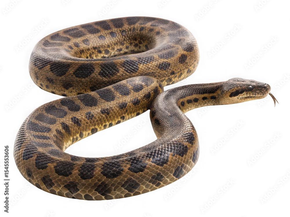 Green Anaconda coiled, isolated on black background, showing detailed ...