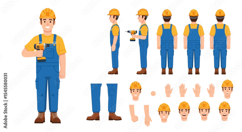 Cartoon Construction Worker Character with Drill, Hard Hat, and Blue ...