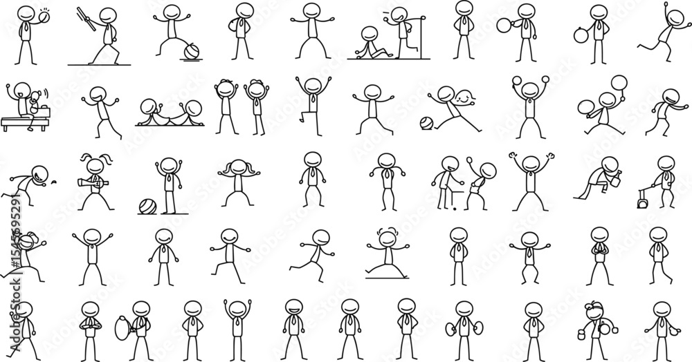 Stick figure workout icons, gym activity sketch, fitness doodle ...
