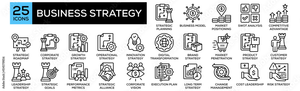 Business Strategy icon collection set. Containing design Strategic Planning, Business Model ...