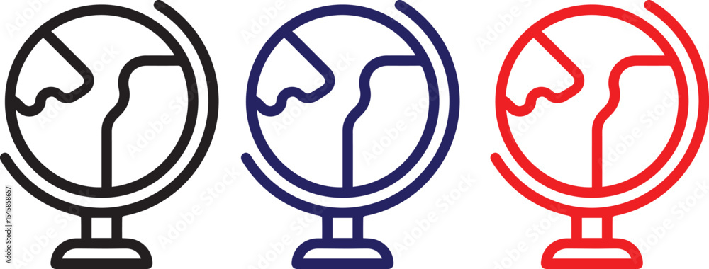 world map icon globe, geography, education, travel, black outline, blue ...