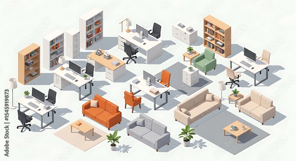 Isometric office furniture layout with desks chairs sofas bookshelves ...